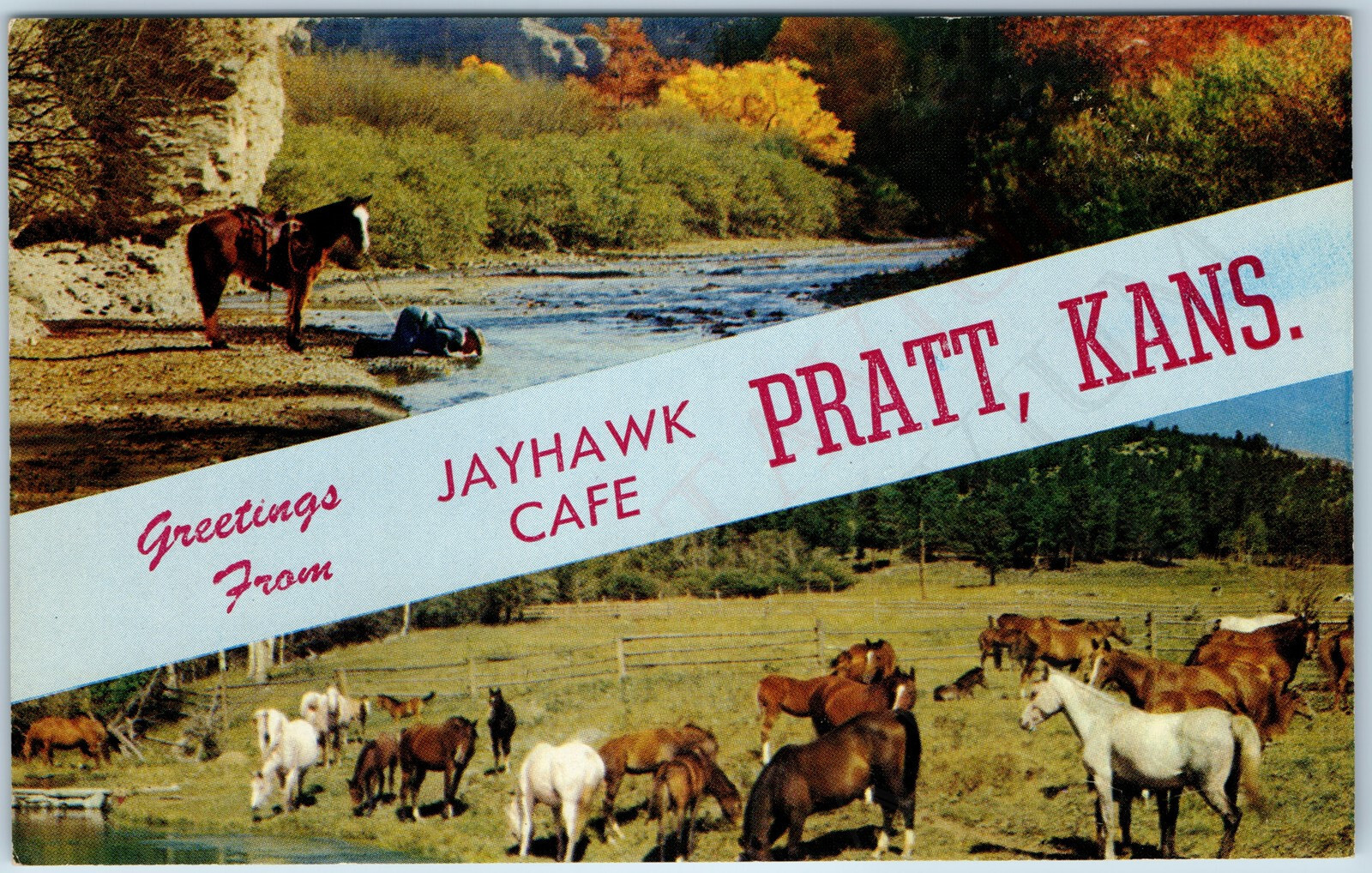 c1960s Pratt, Kans Greetings from Jayhawk Cafe Rembrant Pikes Peak ...
