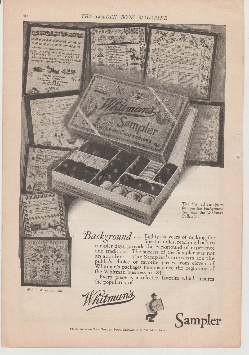1928 Print Ad Whitman's Sampler Candies, Framed Samplers Background ...