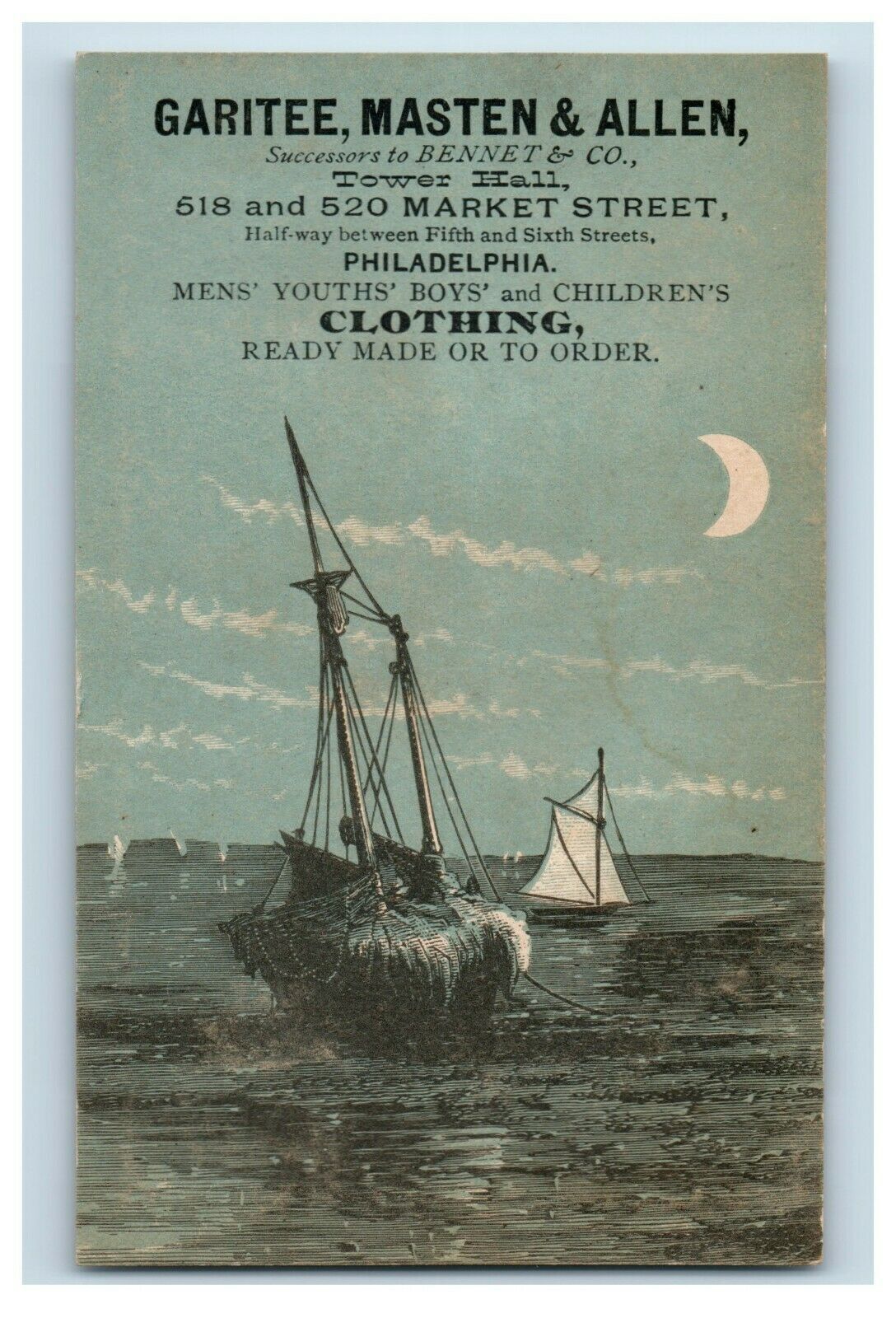 1880s Garitee Masten & Allen Tower Hall Clothing Moon Sailboats Lot Of ...
