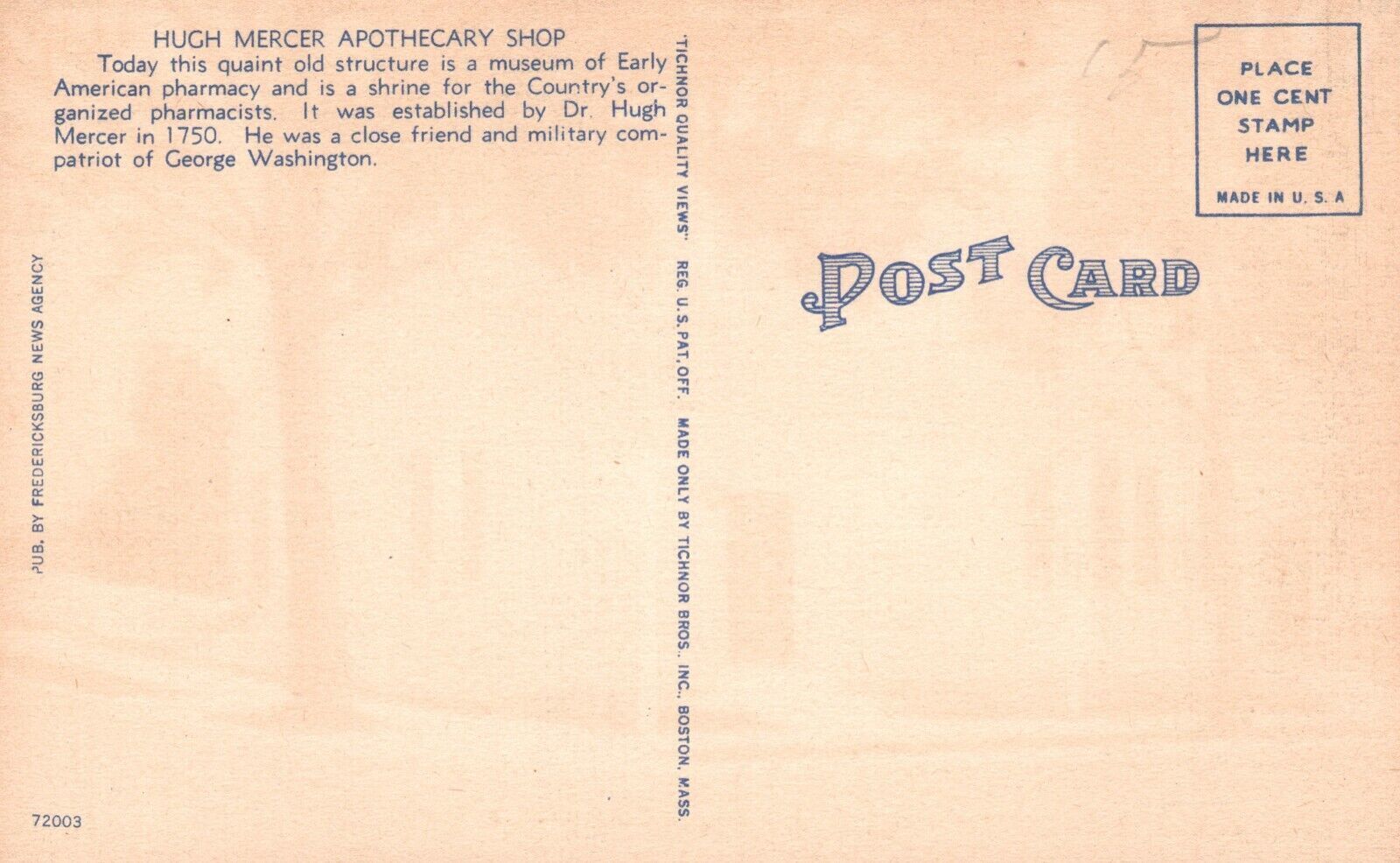 Vintage Postcard 1930's The Hugh Mercer Apothecary Shop Fredericksburg ...