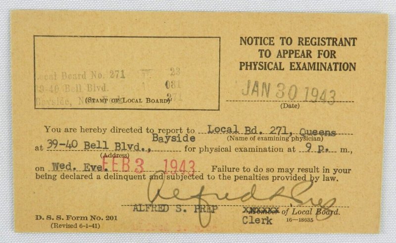 Notice to Appear For Physical Examination - 1943 - Antique Vintage ...