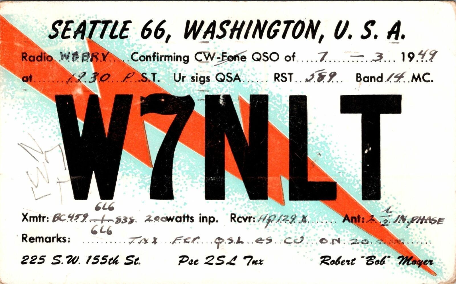 Vintage Postcard HAM Radio Calling Card W7Nlt From Seattle Washington ...