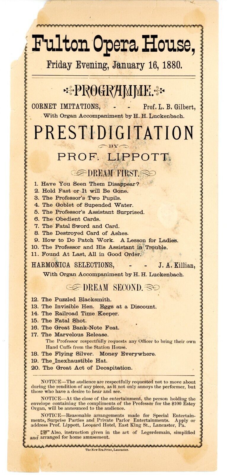 1880 Fulton Opera House Prestidigitation Magician Show Prof. Lippott #2 ...