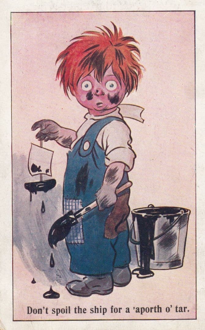 Painter Covering Antique Model Ship With Black Tar Old Comic Humour ...