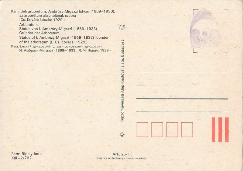 Hungary Postcard Statue of I Ambrozy Migazzi founder of the Arboretum ...