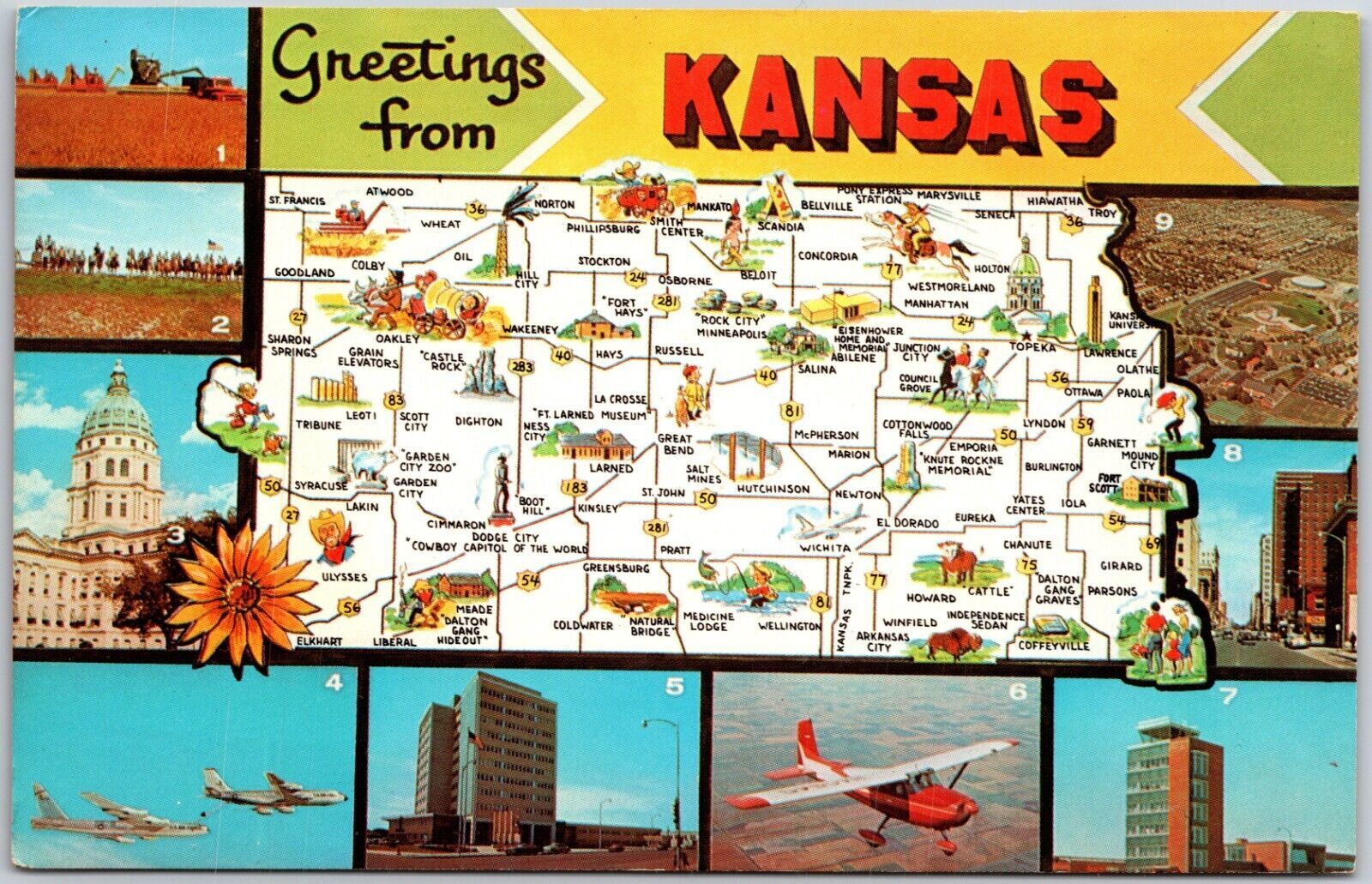 Kansas State Map Multi View Topeka, Airplanes, Wheat Harvest, Vintage ...