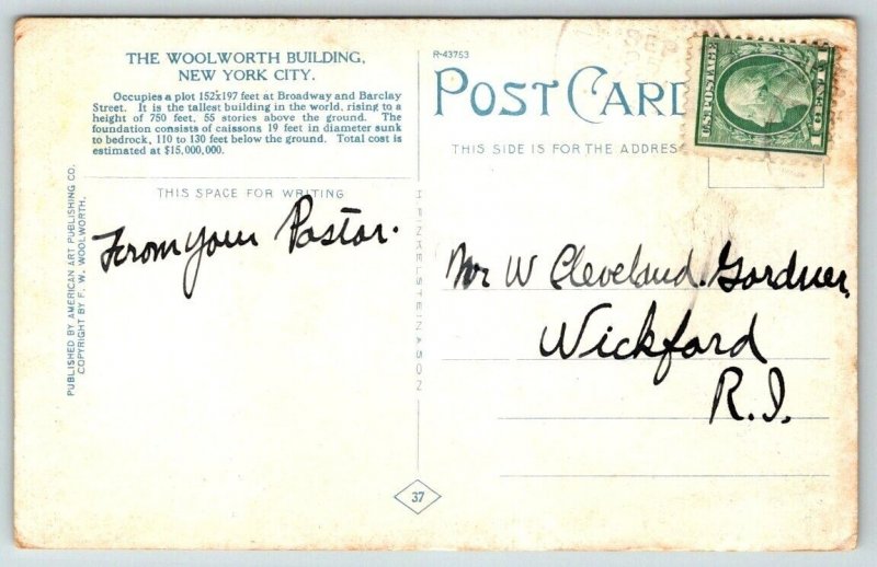 Woolworth Building New York City Postcard c1920 | United States - New ...