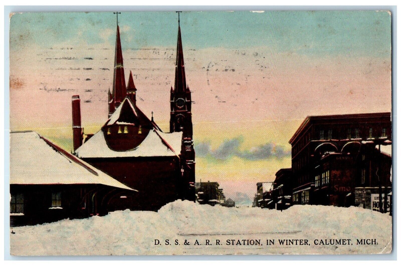 1912 D. S. &. A. R. R. Station In Winter Calumet Michigan MI Antique ...