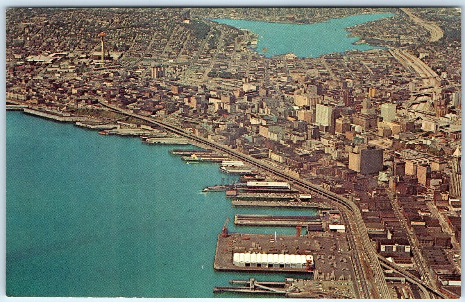 c1960s Seattle WA Downtown Elliott Bay Space Needle Harbor Ships ...