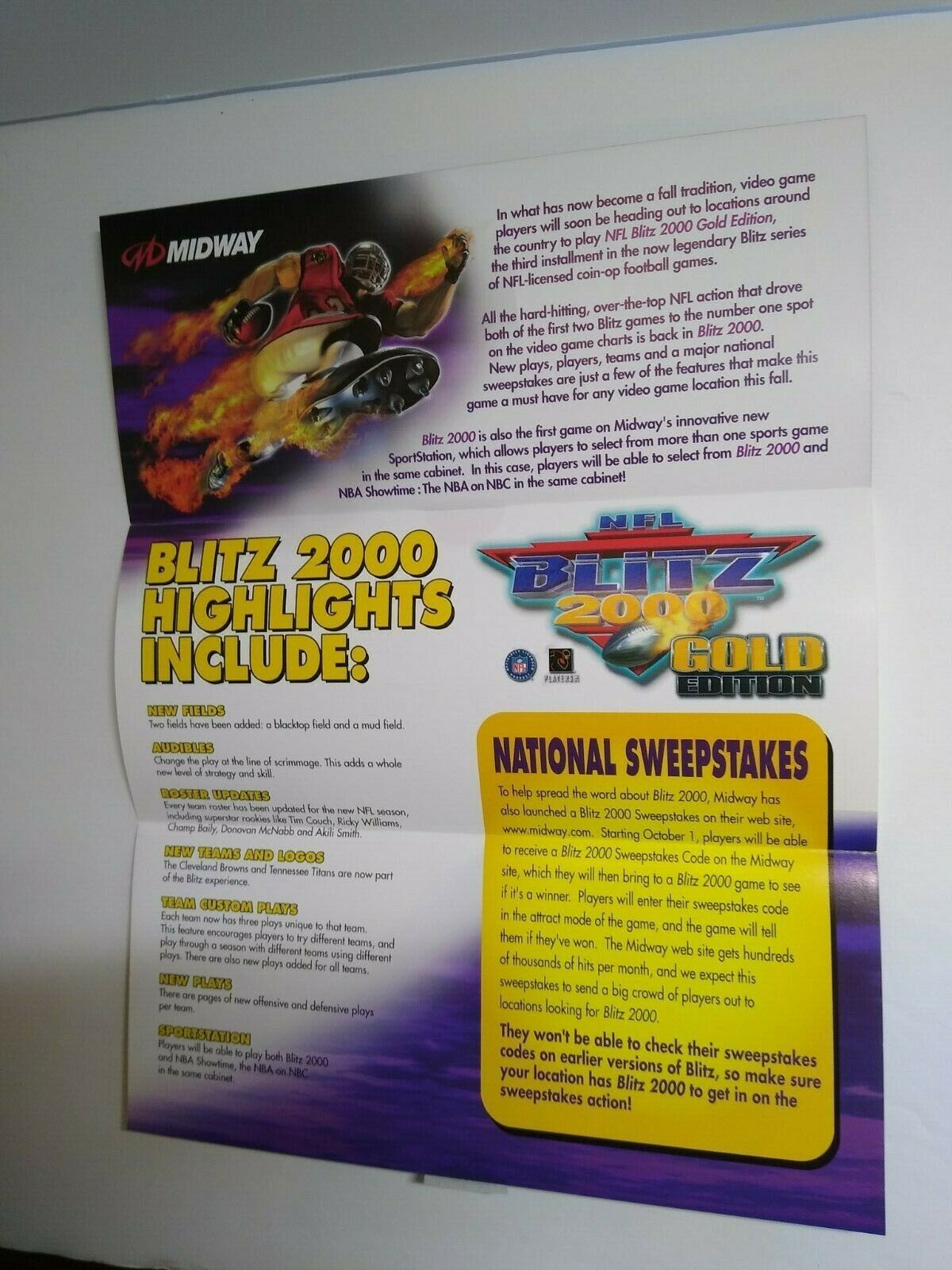 NFL Blitz 2000 Gold Arcade FLYER Original NOS FOLDED Football Vintage ...