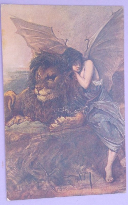 1915 Succubus Woman Hugs Lion Joszi Arpad Koppay Vintage Fantasy Postcard German | Europe ...