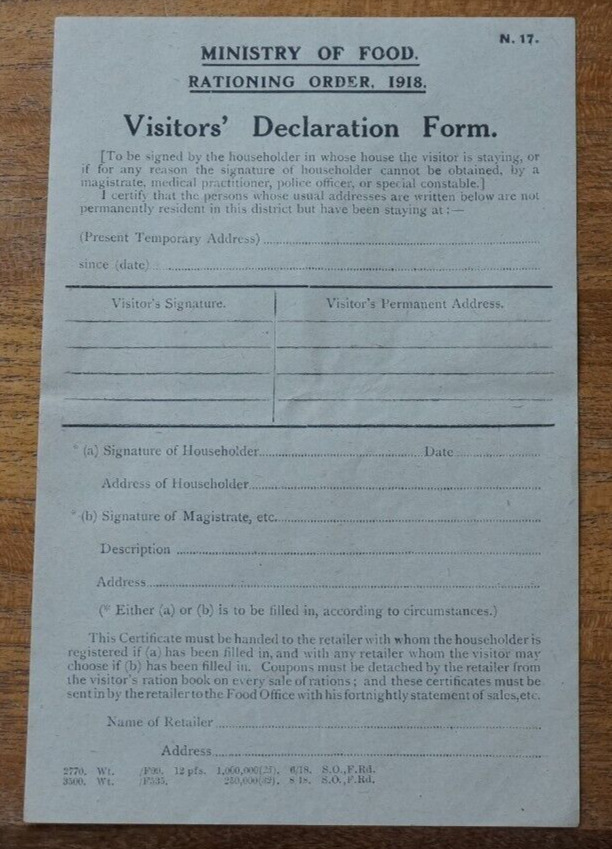 Ministry of Food, Rationing order 1918, Visitors' Declaration Form N.17 ...