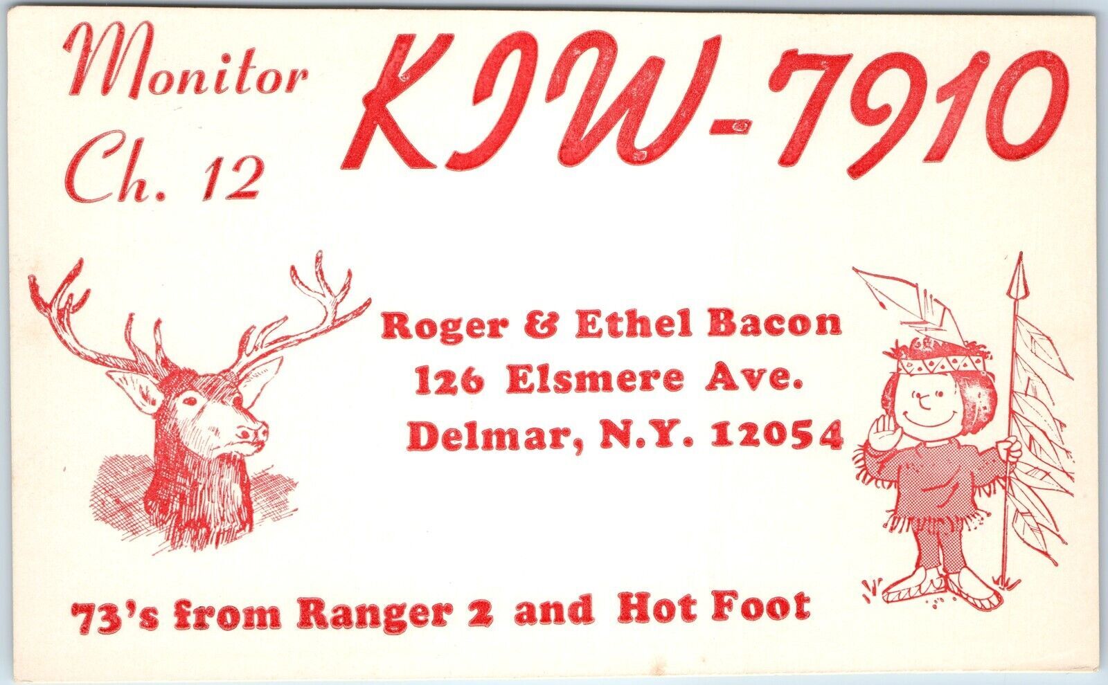c1970s Delmar NY Deer Indian Art QSL Radio Card Bacon Native American ...