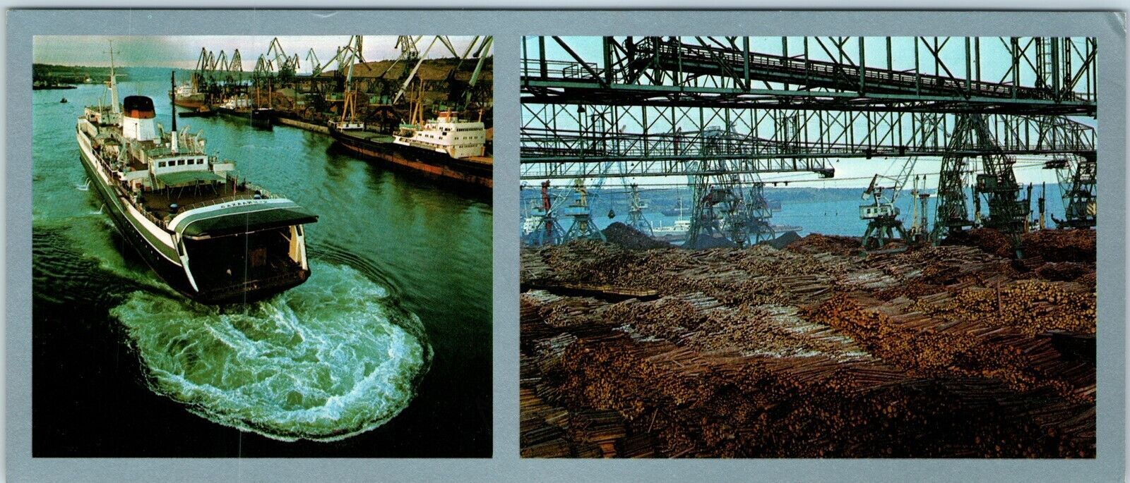 1975 Vanino Kholmsk Soviet Union Ferry Boat Postcard Timber Crane Port ...