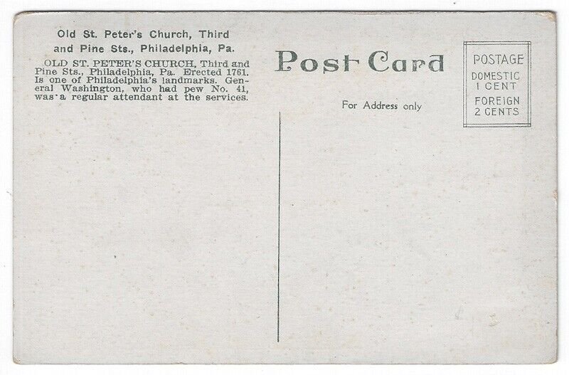 Philadelphia, Pennsylvania, Vintage Postcard View of Old St. Peter's ...