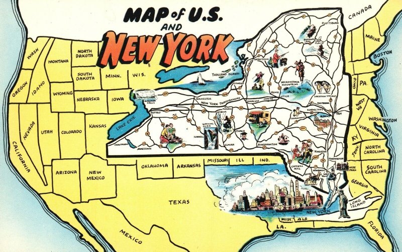 Vintage Postcard Map Of United States And New York Plastichrome ...