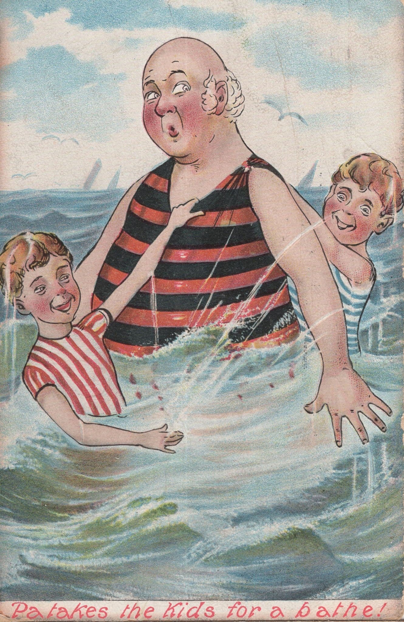 Pa Takes The Kids For A Bath Swim Antique Beach Comic Postcard | Topics ...