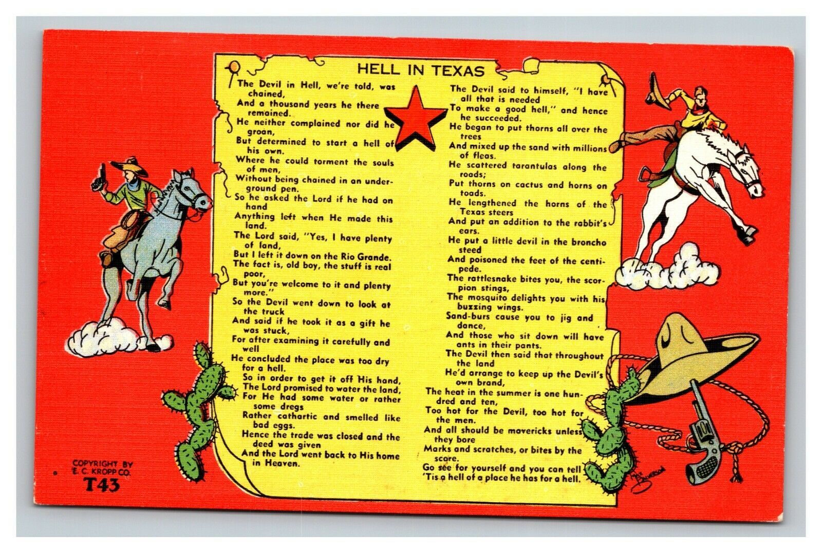 Vintage 1940's Postcard Hell in Texas Poem - Cowboy's Rodeo Cactus Six ...