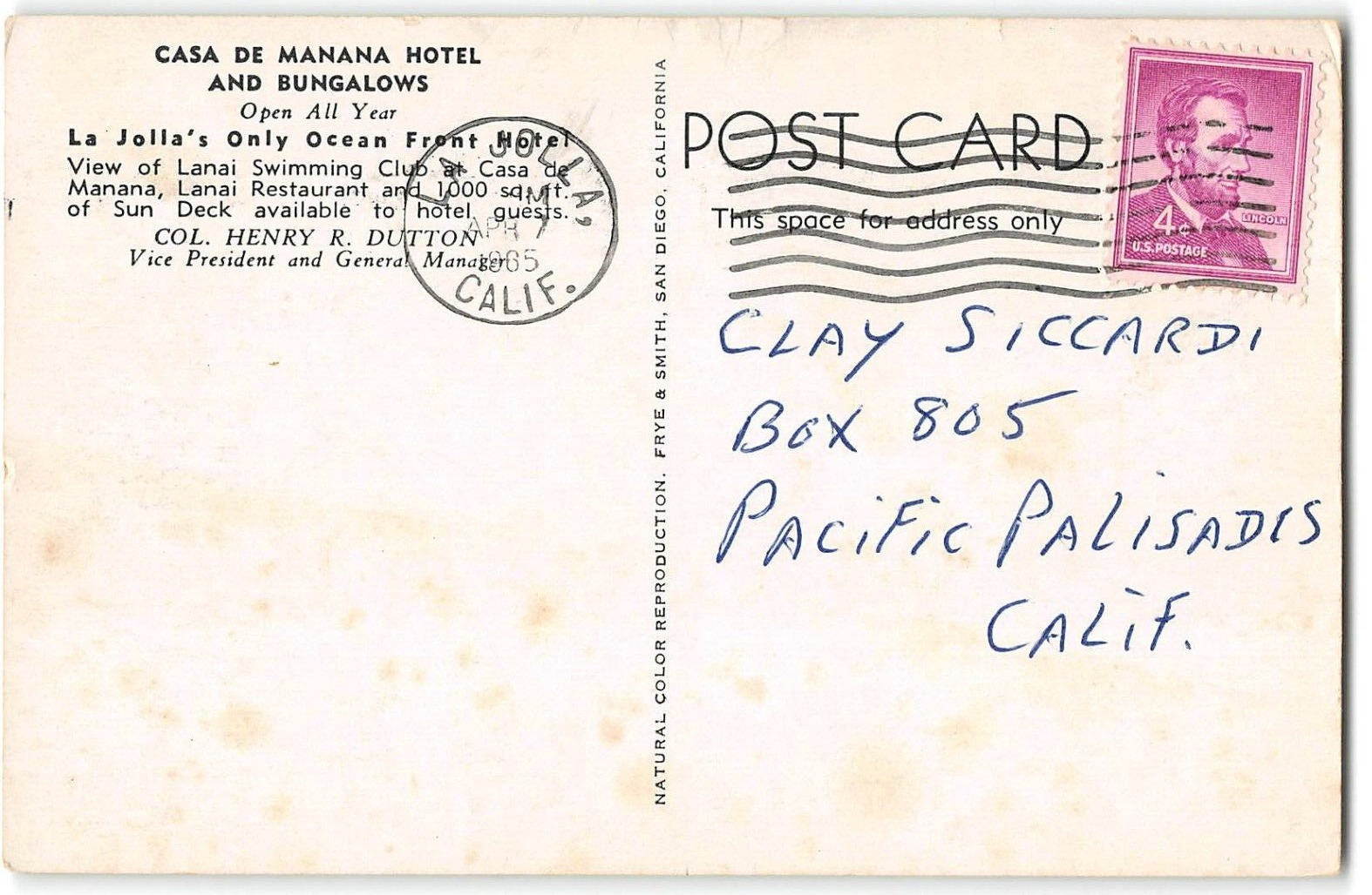 CASA DE MANANA HOTEL Swimming Pool LA JOLLA, CA Roadside 1965 Vintage ...