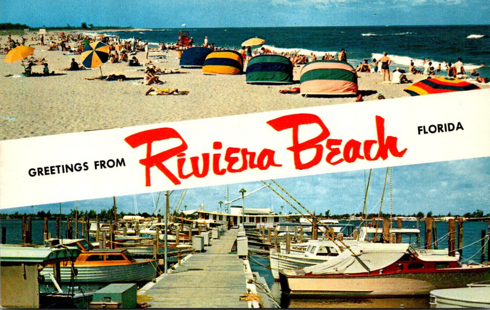 Florida Greetings From Riviera Beach Split View Showing Beach and Yacht ...