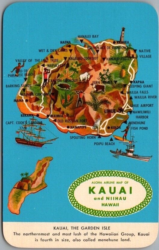 Vintage 1960s KAUAI Hawaii Map Postcard "Aloha Airline Map" Garden Isle ...