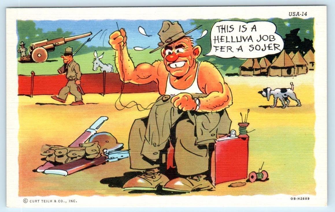 RAY WALTERS Army Comics "Helluva Job Fer A Sojer" Soldier Sewing 1940s ...