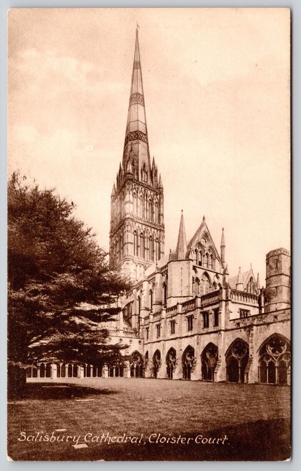 Salisbury Cathedral Cloister Courth Sepia Street View Tower Vintage UNP ...