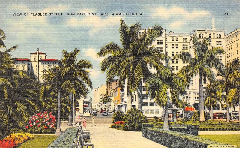 Miami Florida 1940s Postcard Flagler Street From Bayfront Park | United ...