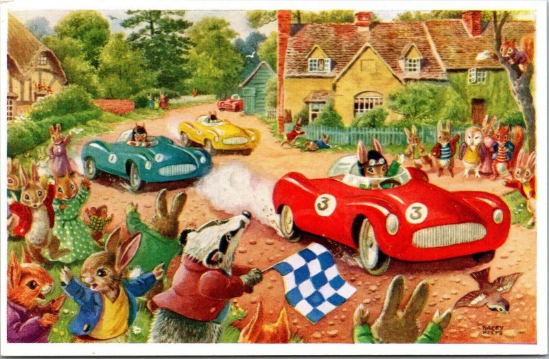 Racey Helps Artwork Postcard Dressed Animals Racing Cars The Motor Race ...