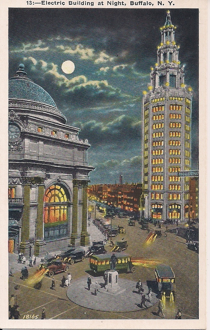 Buffalo NY, Electric Building, Night View with Full Moon, Buses, Cars ...