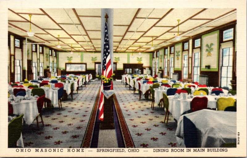 Linen Postcard Dining Room Main Building Ohio Masonic Home Springfield ...
