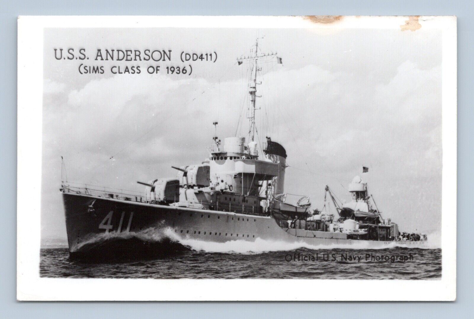 RPPC USS Anderson DD411 Navy SIMS Class Destroyer Ship UNP Postcard Q8 ...