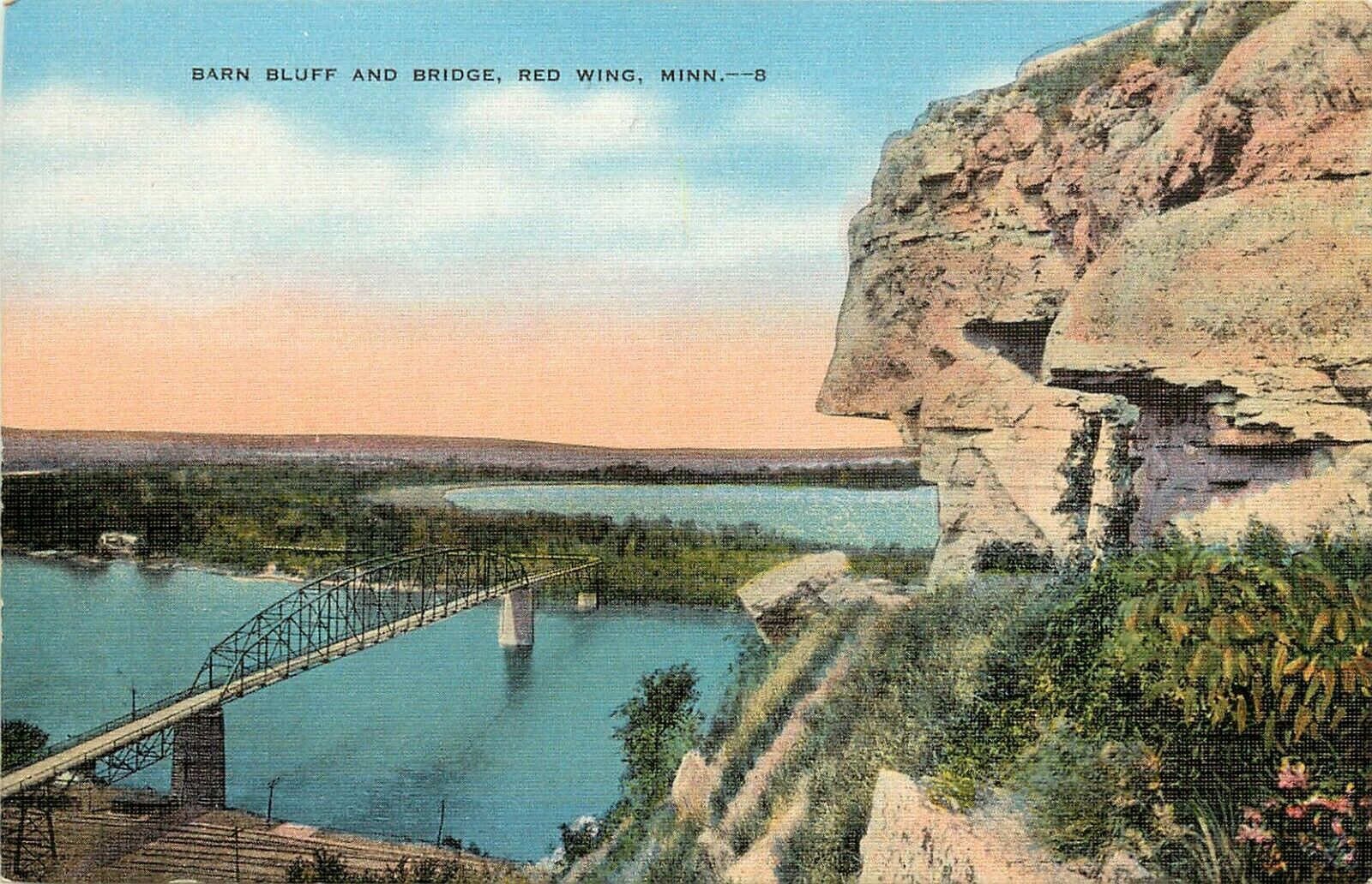 LInen Postcard; Barn Bluff & Steel Bridge, Red Wing MN Goodhue County ...