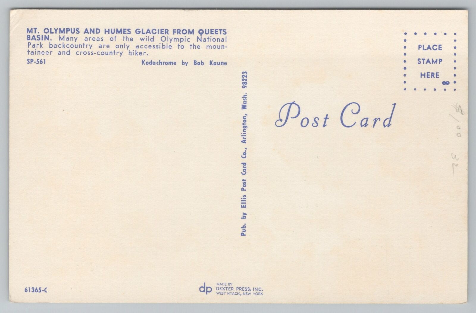 Olympic Park WA~Mt Olympus & Humes Glacier From Queets Basin~Vintage ...