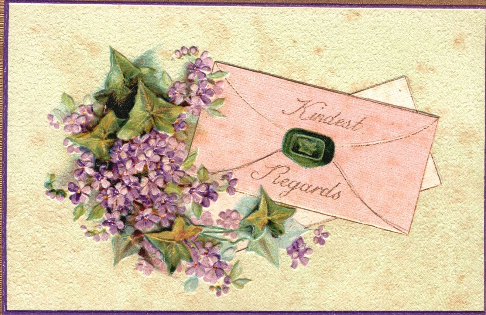 Vintage Postcard 1910's Kindest Regards Greetings Card Purple Flowers ...