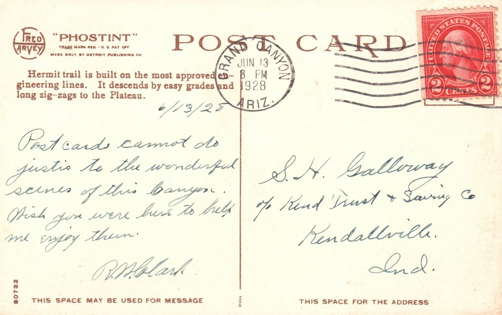 Vintage Postcard 1928 Red Sandstone Cliffs Hermit Trail Grand Canyon ...