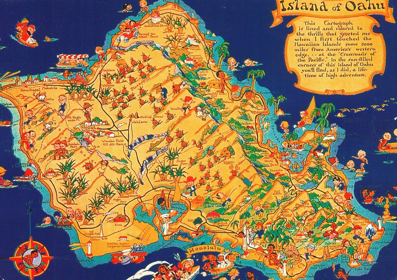 Continental Size Postcard Animated Pictorial MAP of Oahu Hawaii Mailed ...