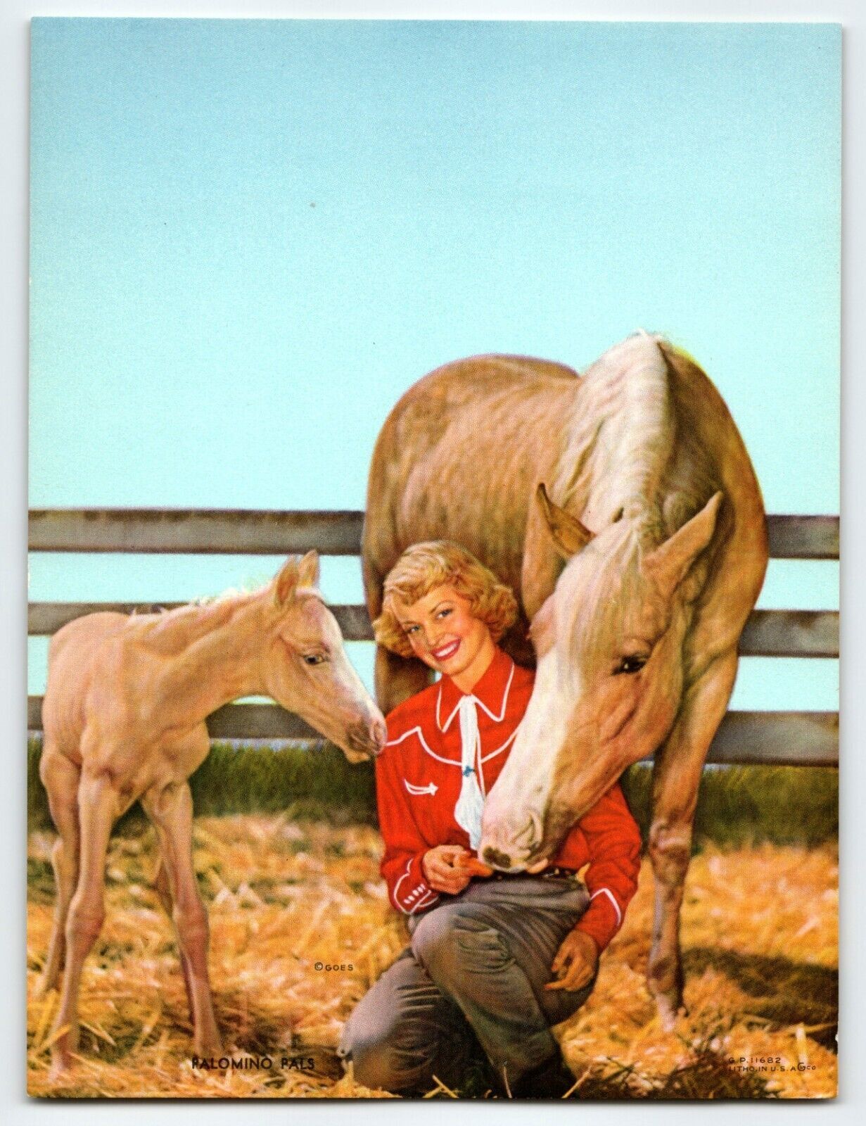Blonde Cowgirl With Horse & Pony Palomino Pals Art Print 1940's Western ...