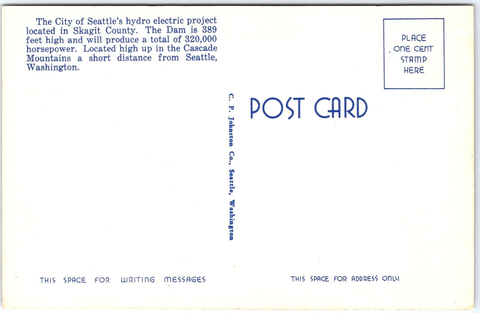 Vintage Postcard Diablo DAM City of Seattle's Hydro Electric Project ...