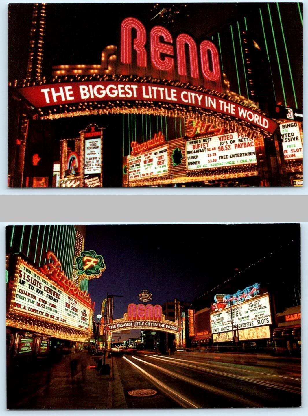 2 Postcards RENO ARCH, NV ~ Night Neon FITZGERALDS & HAROLDS CLUB ...