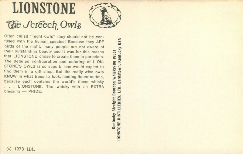Vintage Lionstone Whiskey Bottle The Screech Owls 1973 Postcard ...