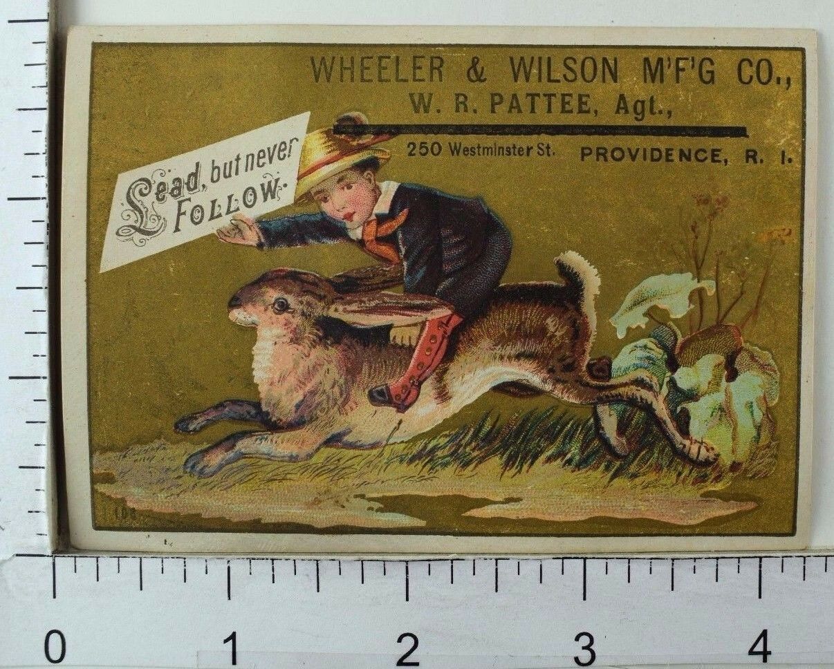 1880's Wheeler & Wilson Mfg. Co. Sewing Tiny Boy Riding Giant Brown ...