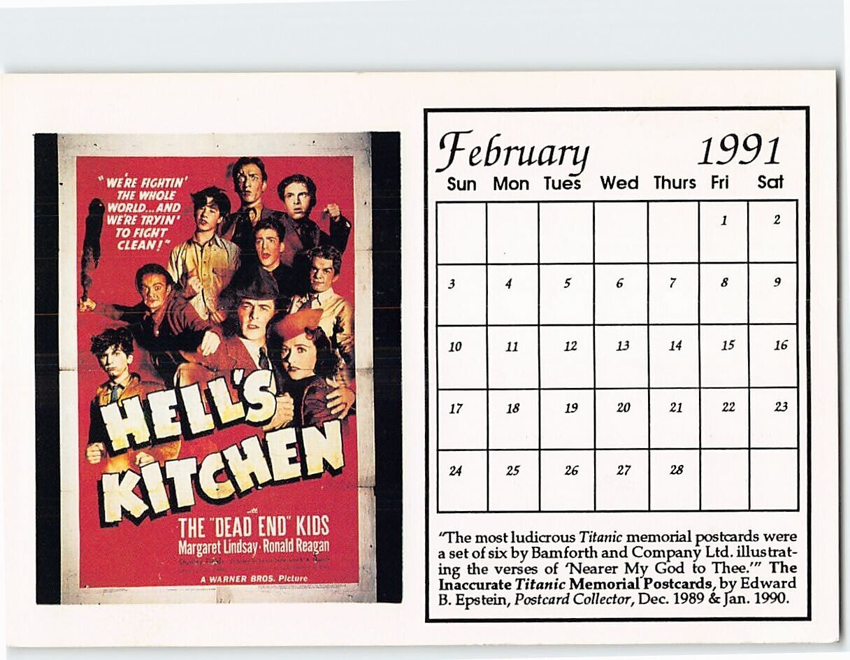 Postcard Hell's Kitchen, February-1991 Movie Poster Calendar Series ...