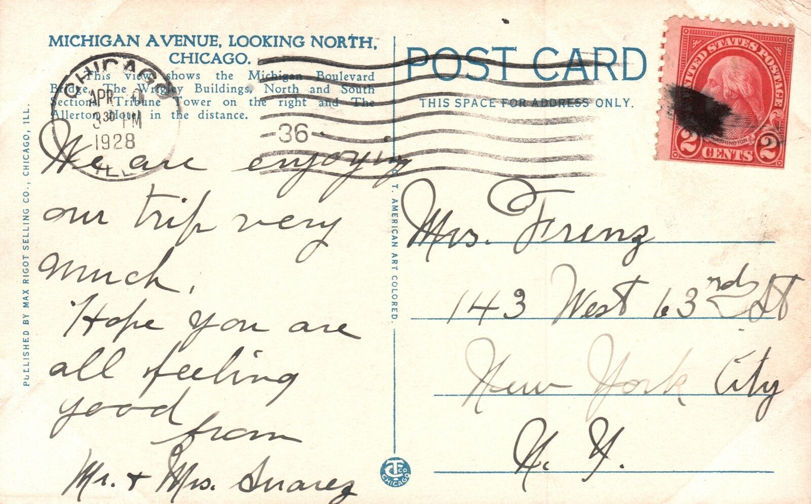 1928 Michigan Avenue North Showing Wrigley Building Chicago Illinois ...