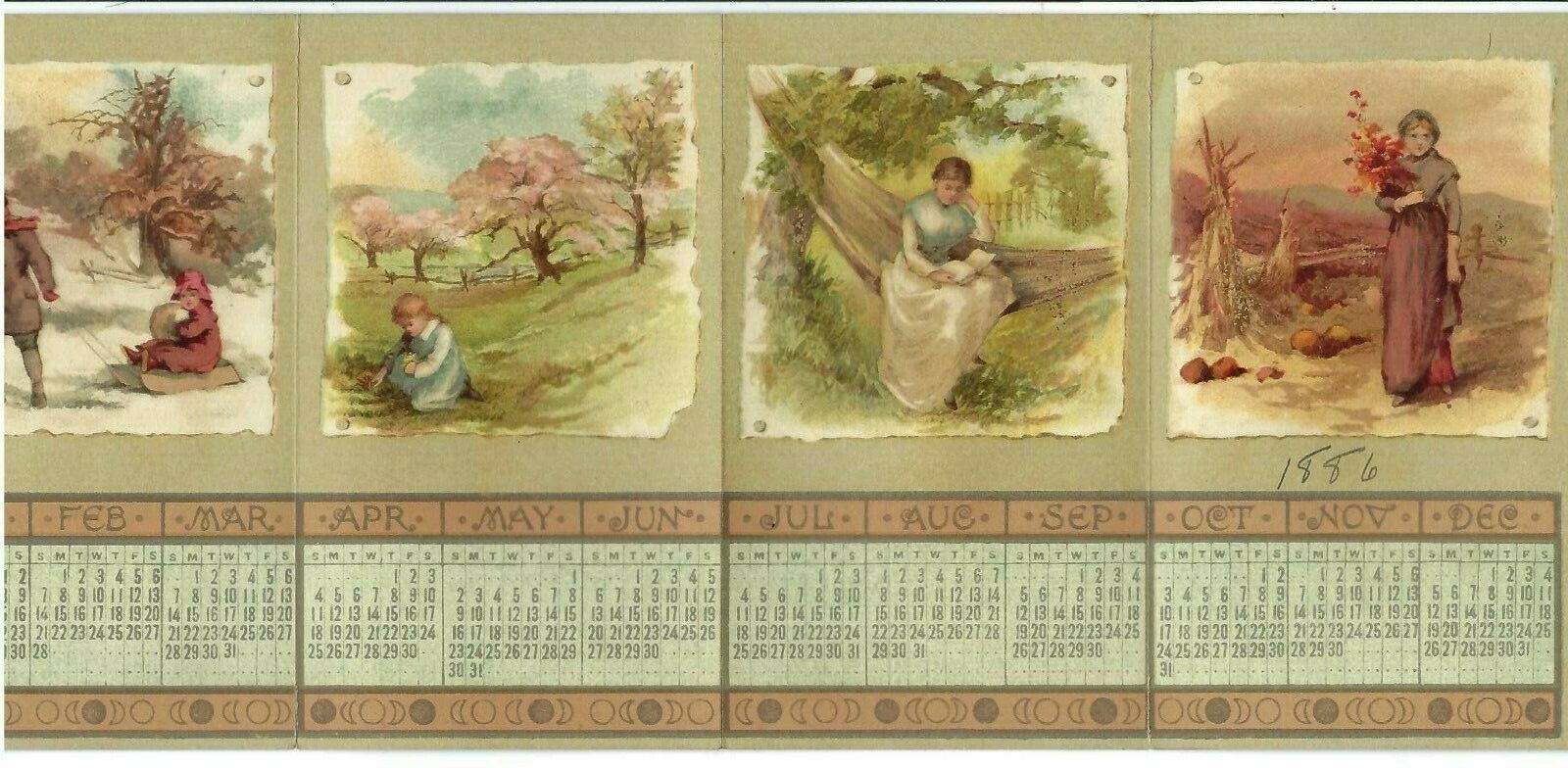 AJ-060 1886 Calendar Fold Out Girls Women Victorian Trade Card Vintage ...