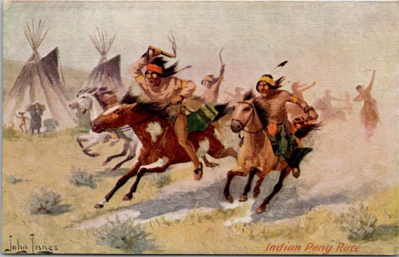 Artist John Innes Western Art Indian Pony Race Troilene Series Postcard ...