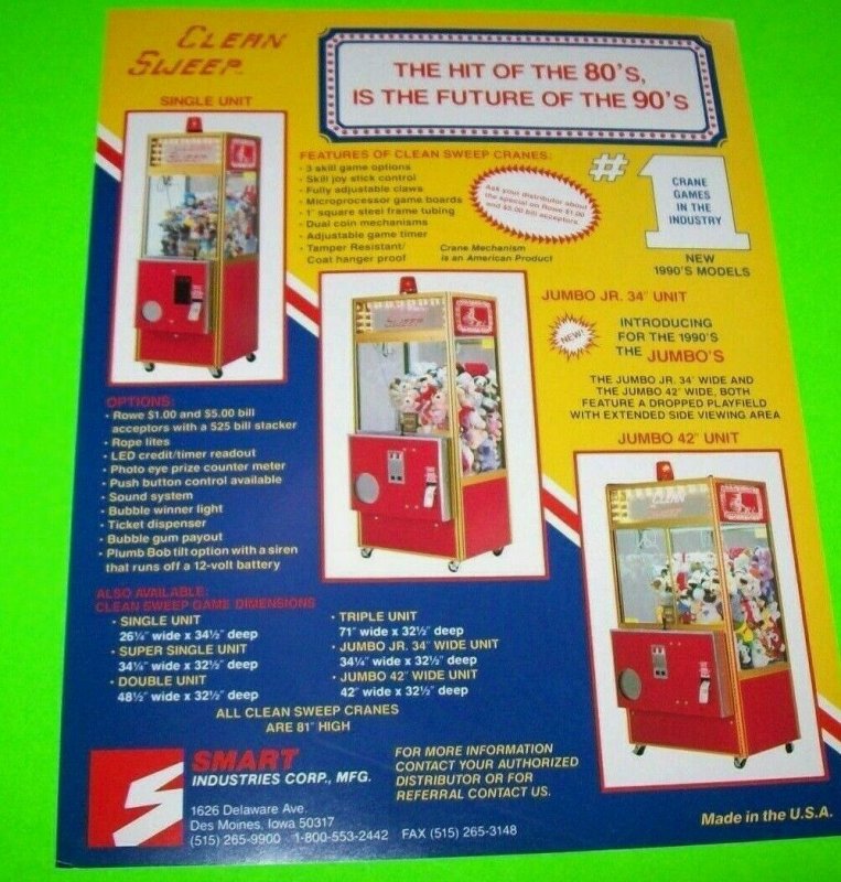 Smart Clean Sweep FLYER Skill Crane 1990s Original NOS Prize Claw Game ...