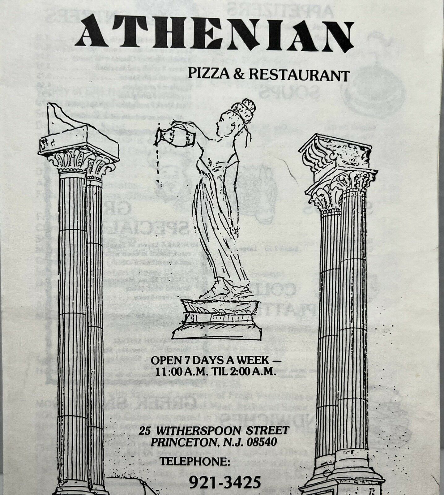 Vintage 80's 1982 Athenian Pizza & Restaurant Menu Princeton NJ ...