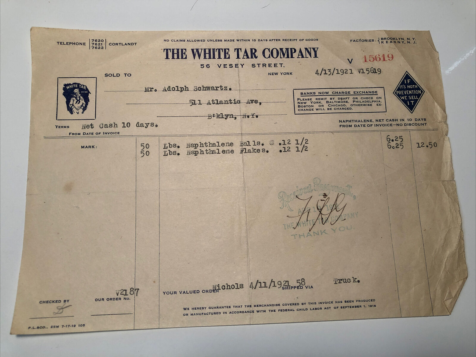 1921 THE WHITE TAR COMPANY Moth Prevention Druggist Vesey St NEW YORK ...