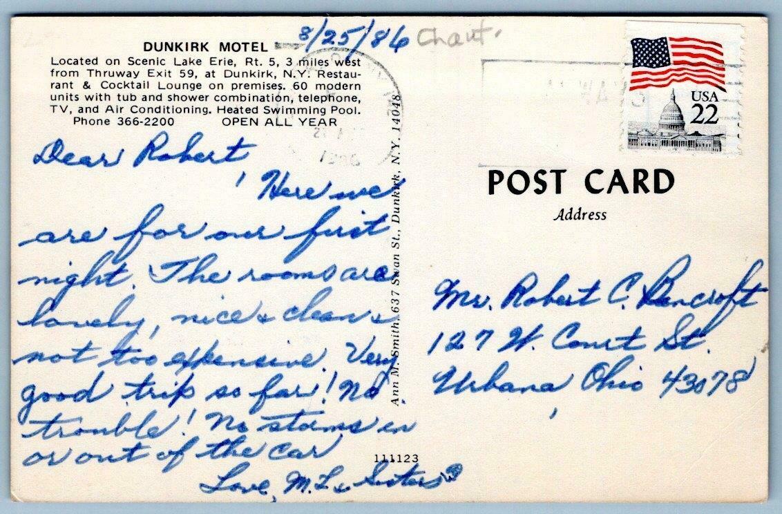 1986 Dunkirk New York NY Motel Lake Erie Restaurant & Cocktail Lounge ...